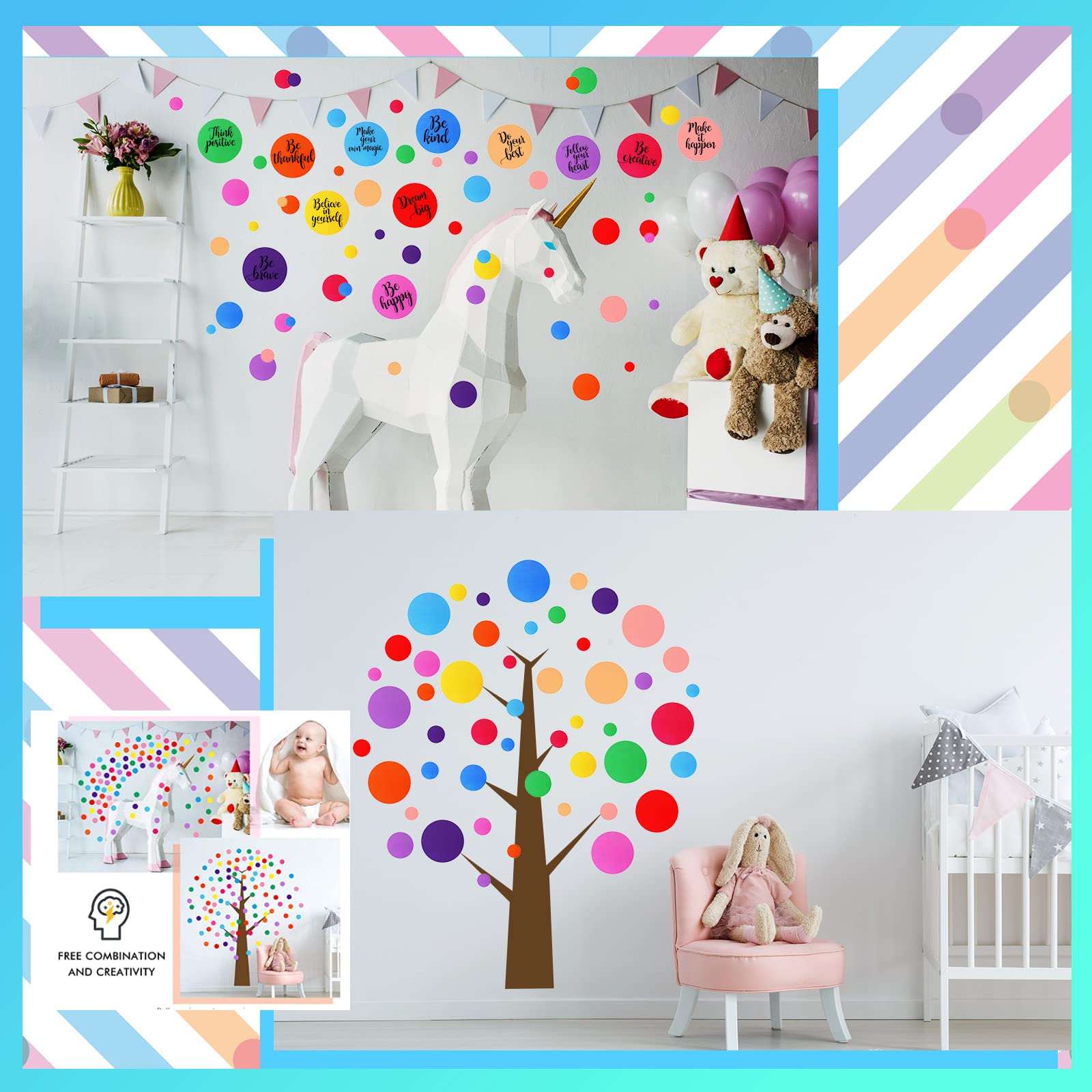 576 Pieces Polka Dot Wall Decals Inspirational Wall Sticker for Classroom Kids Colorful Circle Wall Sticker Removable Lettering Positive Saying Sticker for Dance Yoga Gym Nursery(Mixed Color)