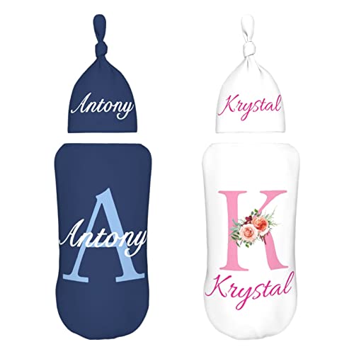 Slocenk Personalized Baby Swaddle Blanket & Hat Set for Boy Girl with Initial Name Custom Newborn Swaddle Customized Baby Items Gifts