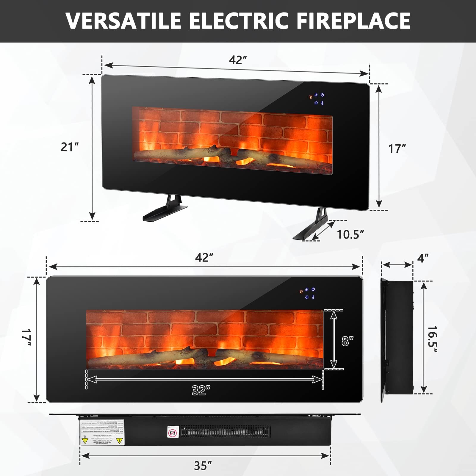 COSTWAY 42 Inches Electric Fireplace, Wall Mounted and Freestanding Fireplace Heater with Remote, Adjustable Temperature 32℉ to 50 ℉, 8H Timer, 7 Flame Color, Electric Fireplace for Indoor Use, 1400W