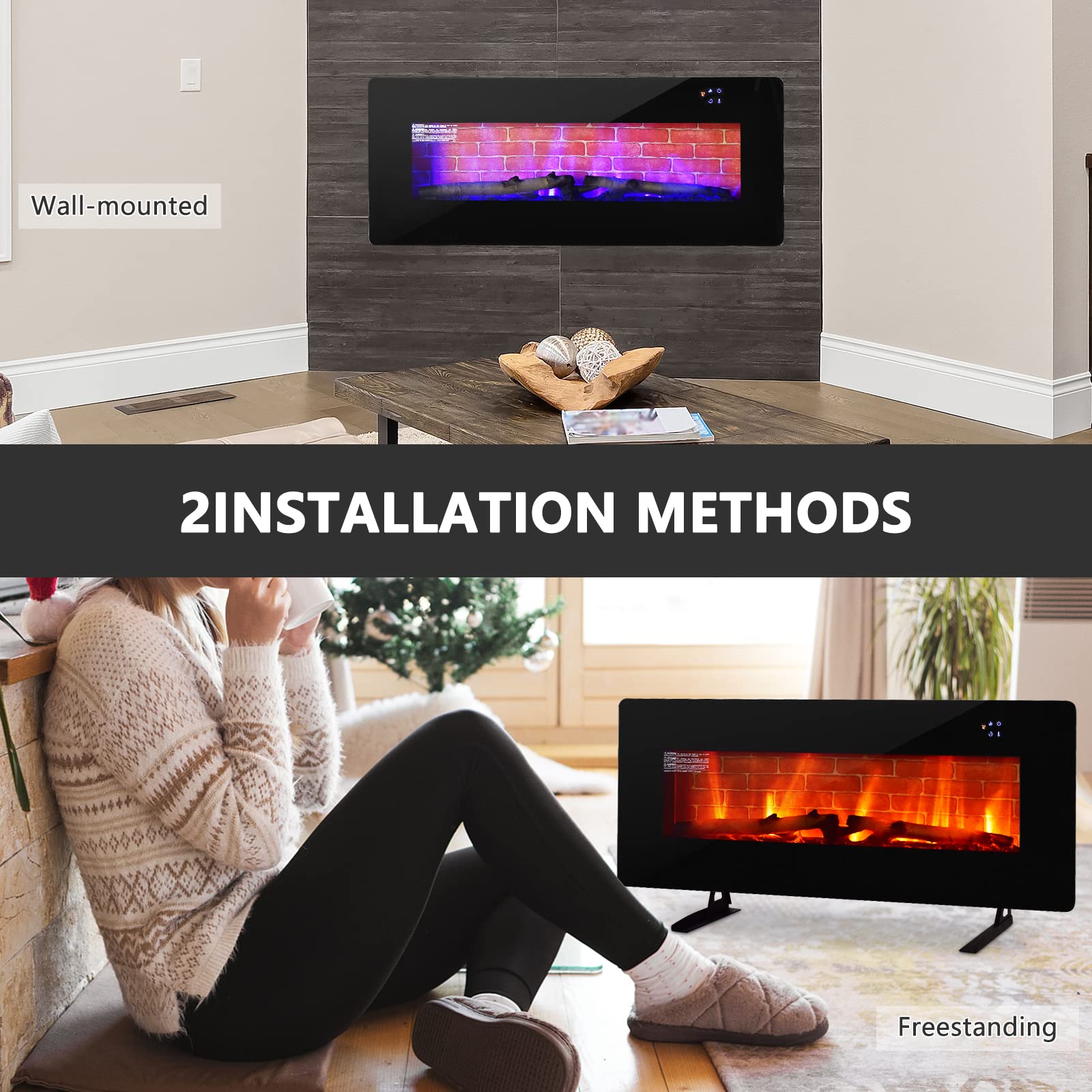 COSTWAY 42 Inches Electric Fireplace, Wall Mounted and Freestanding Fireplace Heater with Remote, Adjustable Temperature 32℉ to 50 ℉, 8H Timer, 7 Flame Color, Electric Fireplace for Indoor Use, 1400W