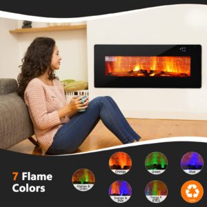 COSTWAY 42 Inches Electric Fireplace, Wall Mounted and Freestanding Fireplace Heater with Remote, Adjustable Temperature 32℉ to 50 ℉, 8H Timer, 7 Flame Color, Electric Fireplace for Indoor Use, 1400W