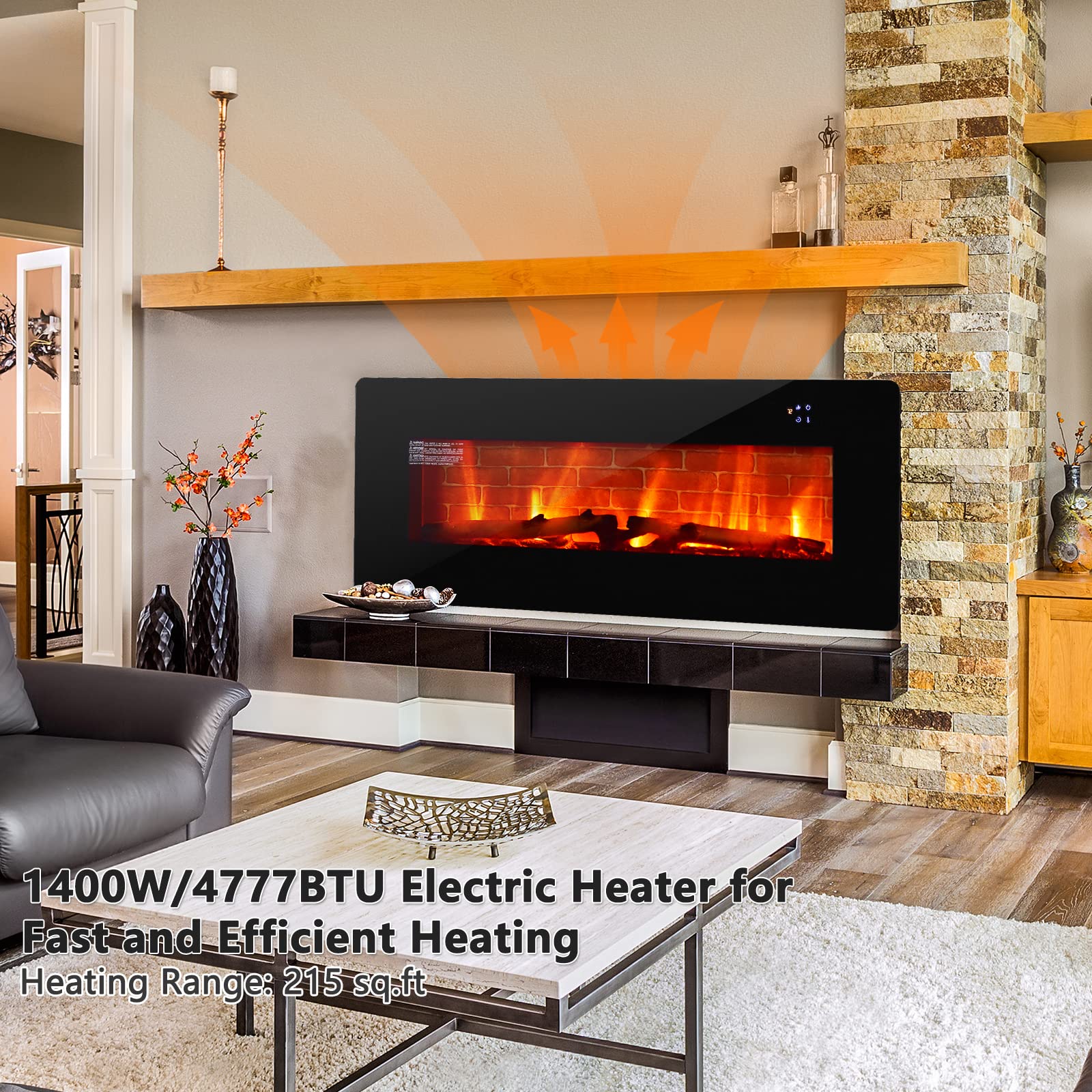 COSTWAY 42 Inches Electric Fireplace, Wall Mounted and Freestanding Fireplace Heater with Remote, Adjustable Temperature 32℉ to 50 ℉, 8H Timer, 7 Flame Color, Electric Fireplace for Indoor Use, 1400W