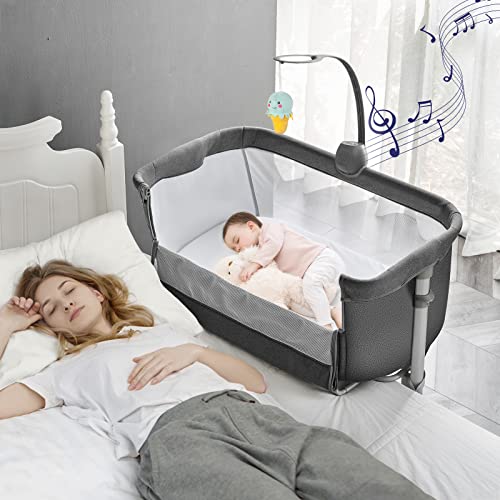 SYCYH Baby Music Bassinet Bedside Sleeper with Music Box Easy to Assemble Portable Co-Sleep Bedside Crib for Newborn Infant