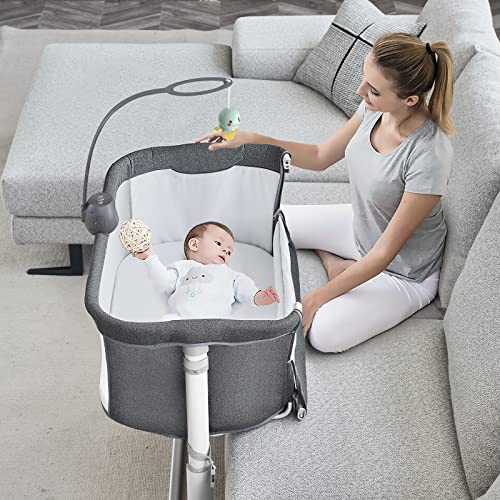 SYCYH Baby Music Bassinet Bedside Sleeper with Music Box Easy to Assemble Portable Co-Sleep Bedside Crib for Newborn Infant