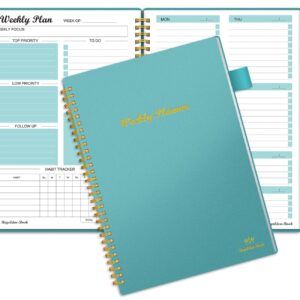 Weekly Planner Undated, Weekly Goals Schedule Planner Regolden-Book To Do List Notebook Calendars Organizers Habit Tracker Journal for Man & Women, Spiral Binding, Pocket, Pen Loop, 53 Weeks (7x10")