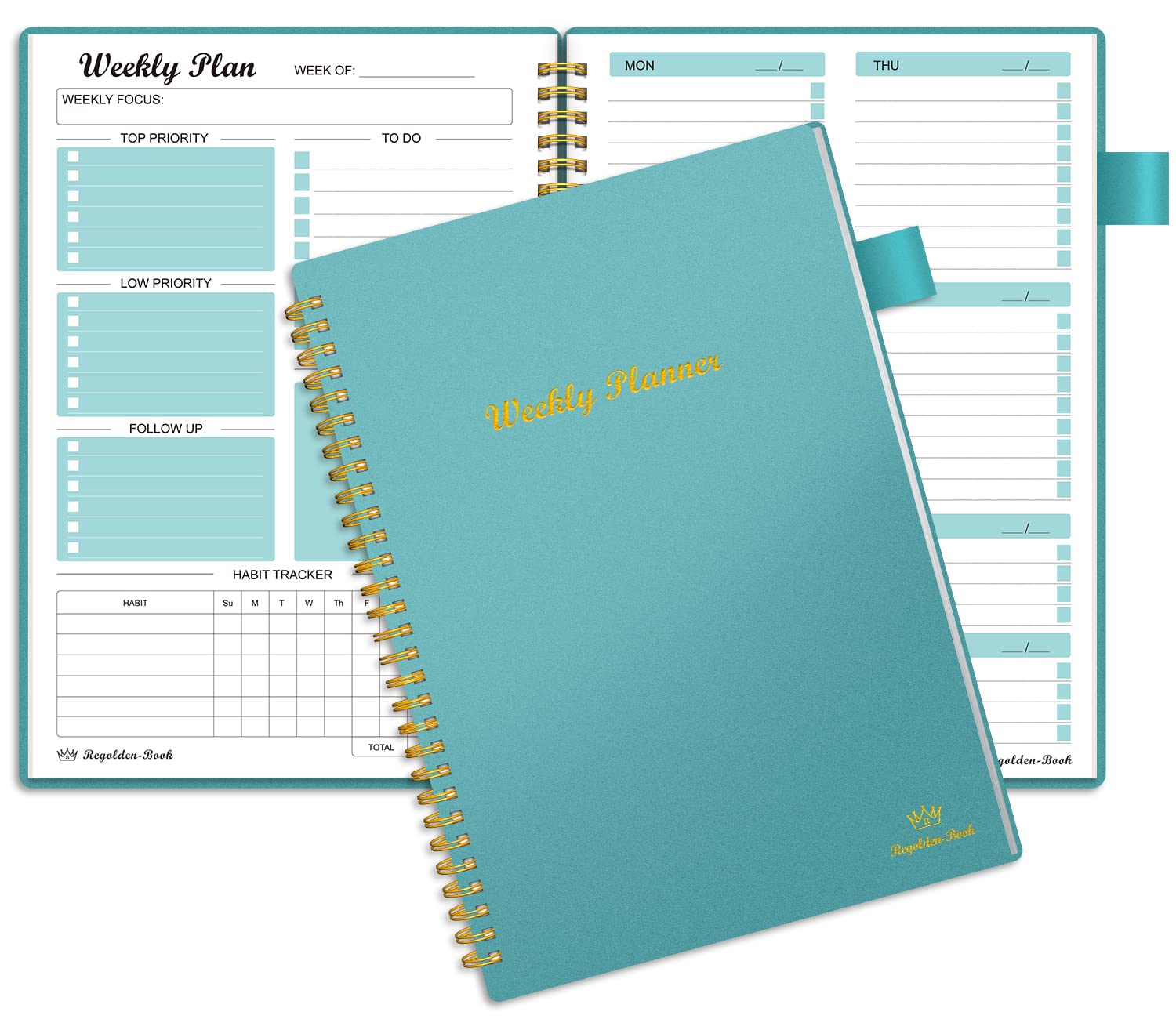 Weekly Planner Undated, Weekly Goals Schedule Planner Regolden-Book To Do List Notebook Calendars Organizers Habit Tracker Journal for Man & Women, Spiral Binding, Pocket, Pen Loop, 53 Weeks (7x10")