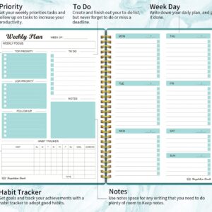 Weekly Planner Undated, Weekly Goals Schedule Planner Regolden-Book To Do List Notebook Calendars Organizers Habit Tracker Journal for Man & Women, Spiral Binding, Pocket, Pen Loop, 53 Weeks (7x10")