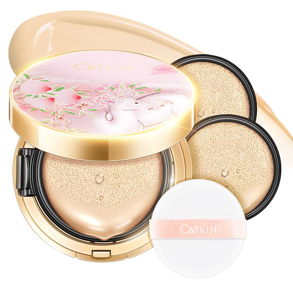 Catkin Blossom BB Cream Air Cushion Foundation Natural Coverage Moist Glowy Finish Breathable Face Makeup with 2 Refills Beige (C01 Ivory Light)