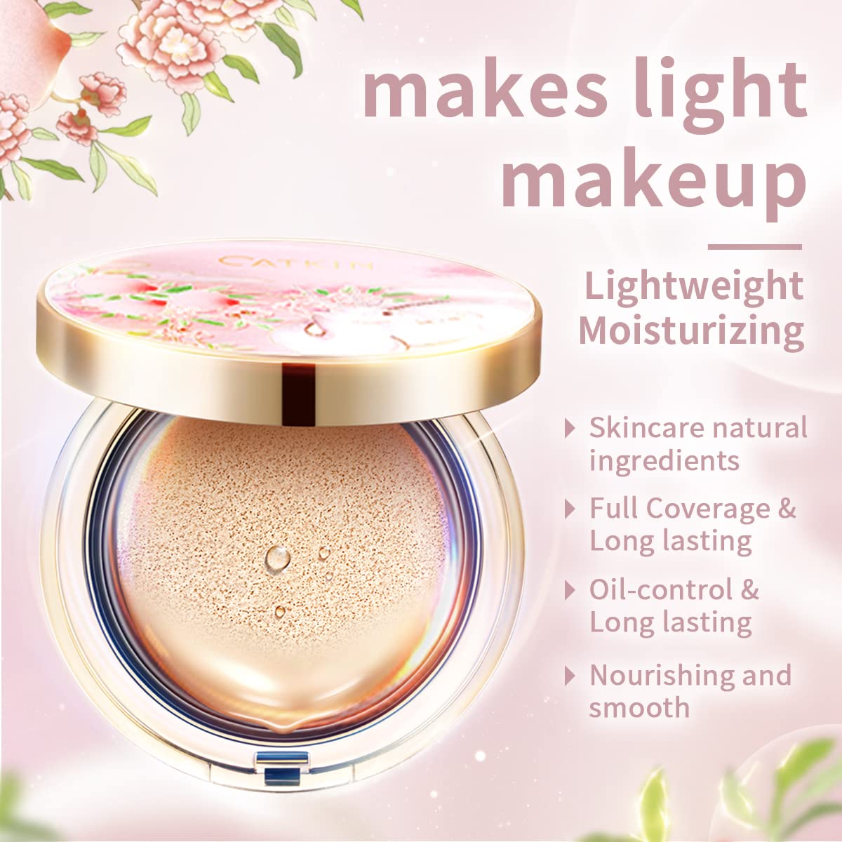 Catkin Blossom BB Cream Air Cushion Foundation Natural Coverage Moist Glowy Finish Breathable Face Makeup with 2 Refills Beige (C01 Ivory Light)