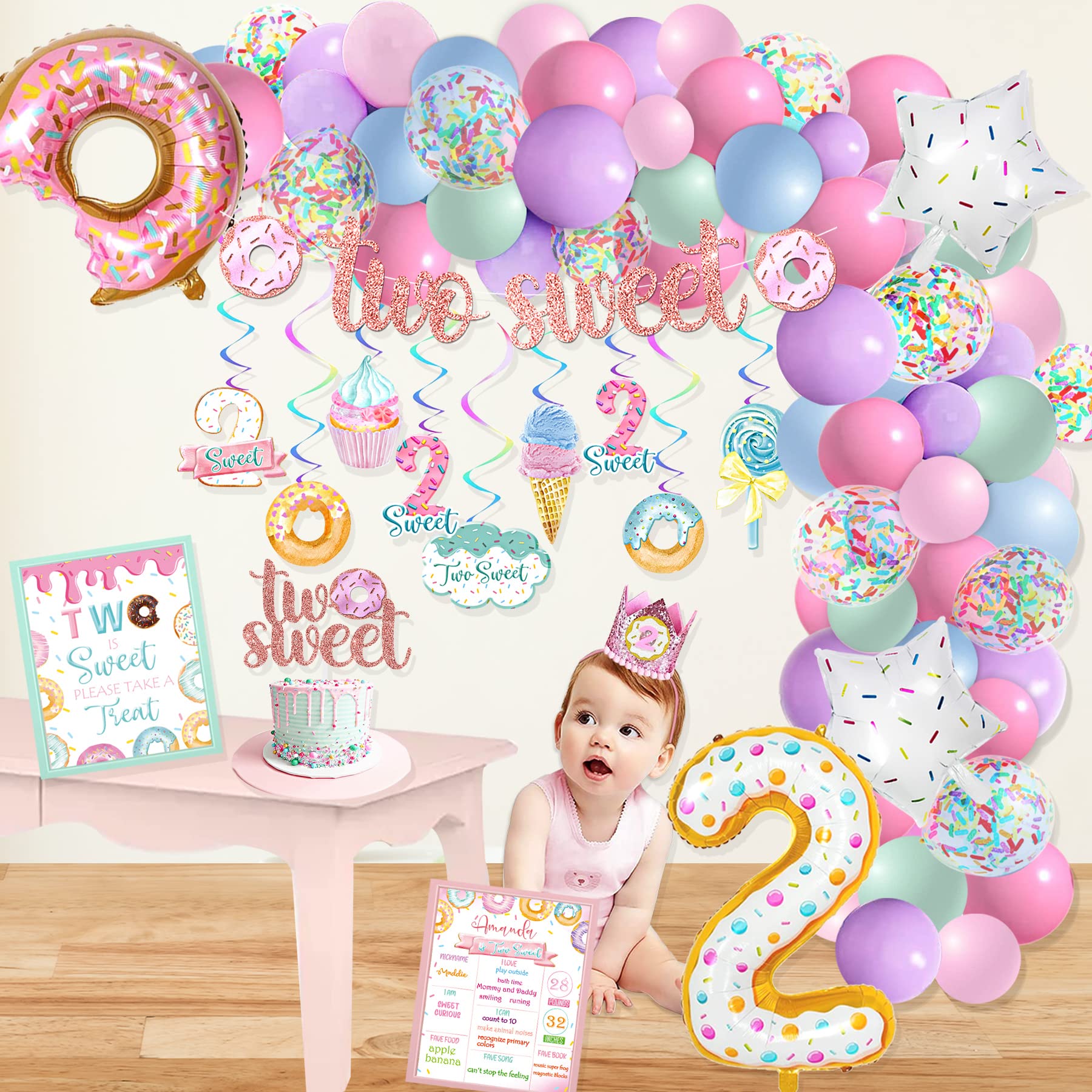 NALONER Two Sweet Birthday Party Decorations, Donut Decoration, Baby Second 2nd Decorations for Girl, Banner & Cake Topper, Balloons Garland