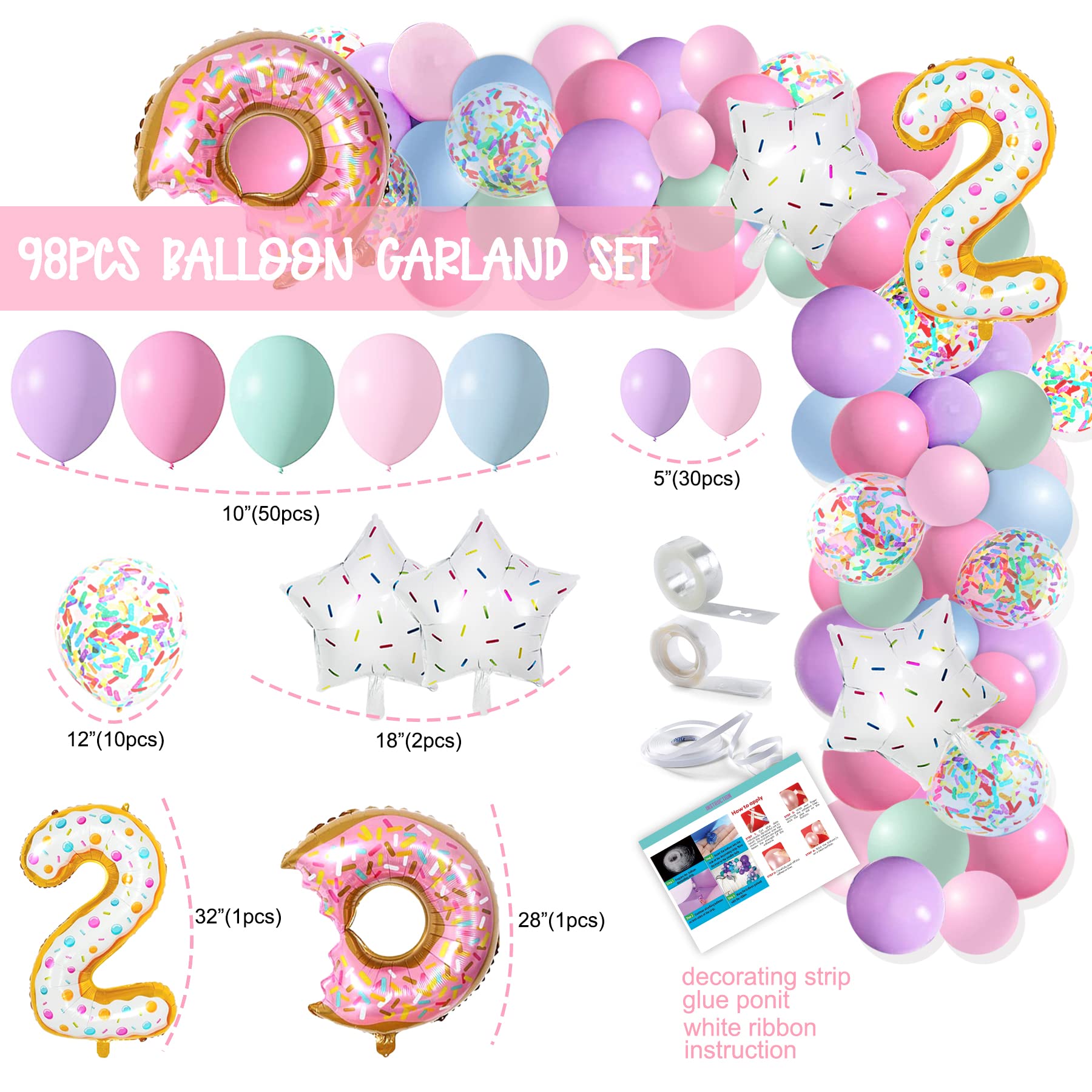 NALONER Two Sweet Birthday Party Decorations, Donut Decoration, Baby Second 2nd Decorations for Girl, Banner & Cake Topper, Balloons Garland