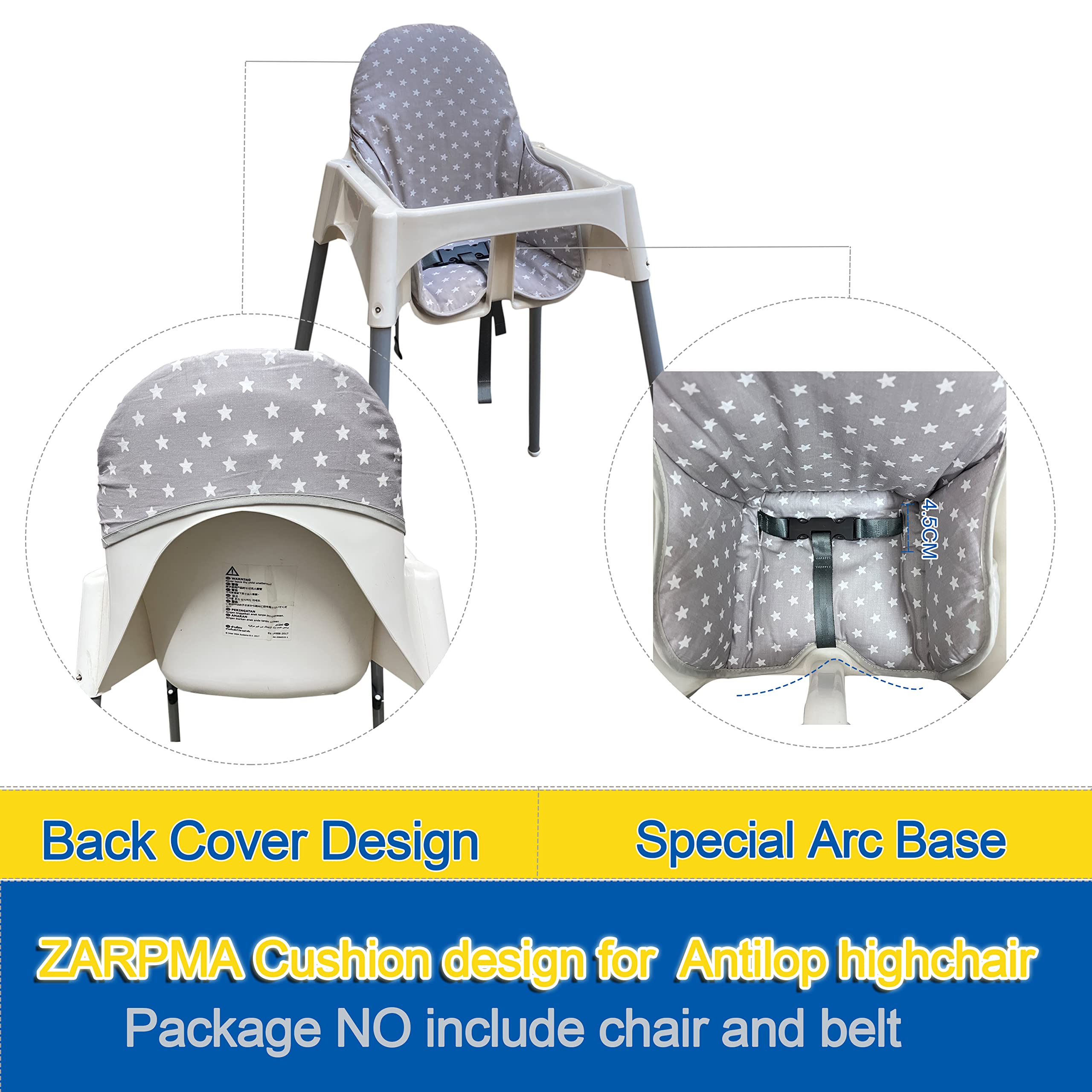 ZARPMA Cotton Seat Covers for IKEA Antilop Highchair,Cotton Surface and Cotton Padded,Forest Pattern Foldable Baby Highchair Cover for IKEA Child Chair Cushion (Grey Star)