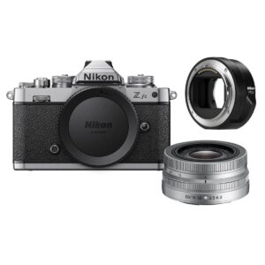 nikon z fc dx-format mirrorless camera with nikkor z dx 16-50mm f/3.5-6.3 vr lens, silver with ftz ii mount adapter