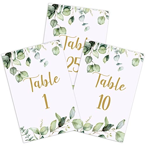 26 Pieces Wedding Table Numbers Cards 1-25 with Head Table Numbers Greenery Eucalyptus Table Cards Double Sided Party Table Numbers for Wedding Reception Baby Shower Birthday Bridal Party (Gold)