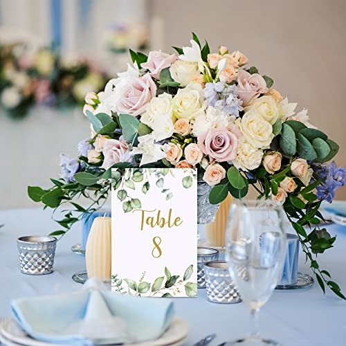 26 Pieces Wedding Table Numbers Cards 1-25 with Head Table Numbers Greenery Eucalyptus Table Cards Double Sided Party Table Numbers for Wedding Reception Baby Shower Birthday Bridal Party (Gold)