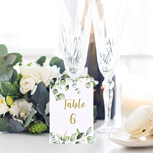 26 Pieces Wedding Table Numbers Cards 1-25 with Head Table Numbers Greenery Eucalyptus Table Cards Double Sided Party Table Numbers for Wedding Reception Baby Shower Birthday Bridal Party (Gold)