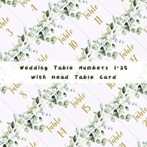 26 Pieces Wedding Table Numbers Cards 1-25 with Head Table Numbers Greenery Eucalyptus Table Cards Double Sided Party Table Numbers for Wedding Reception Baby Shower Birthday Bridal Party (Gold)