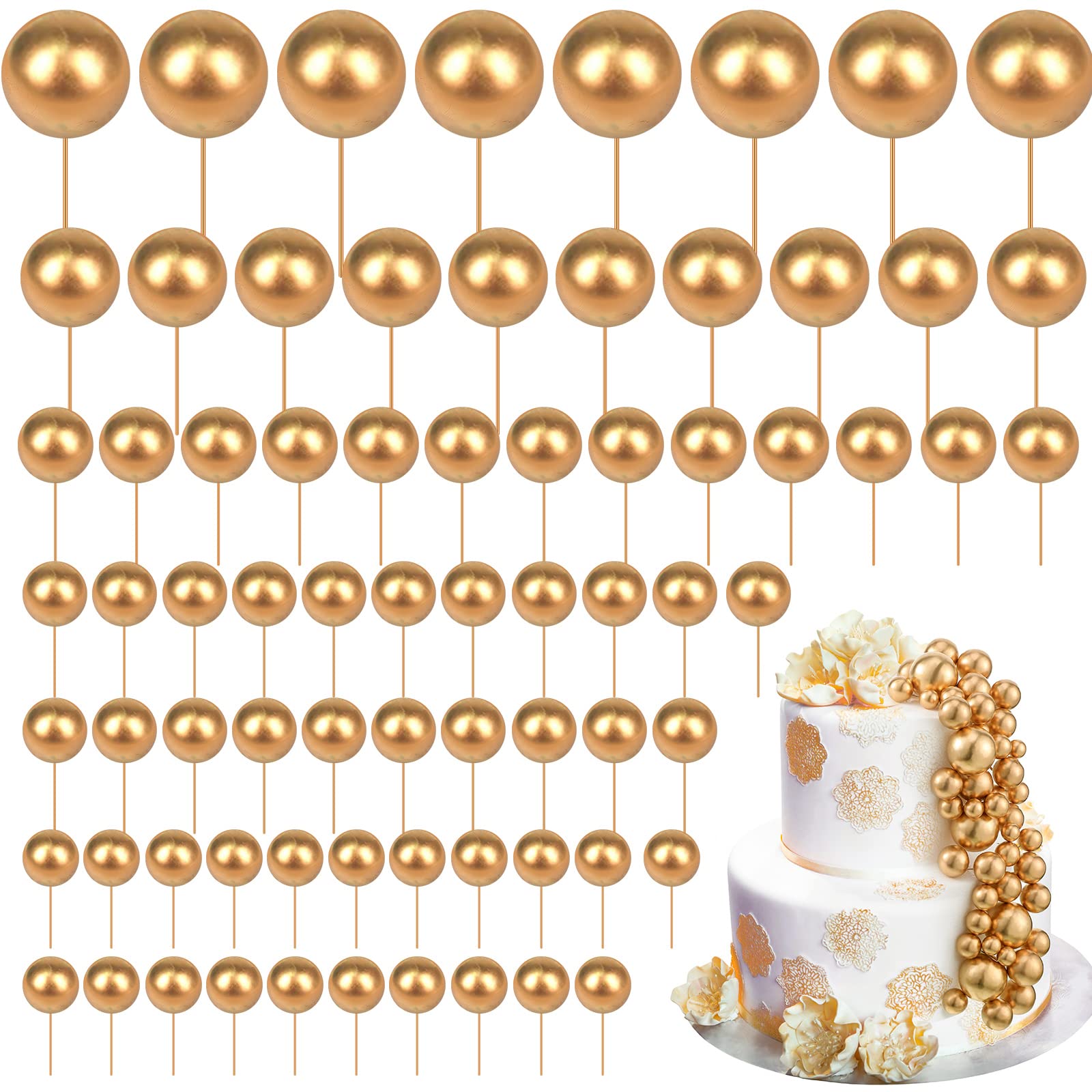 Tondiamo 108 Pcs Balls Cake Topper Balloons Cupcake Topper DIY Cake Insert Topper Foam Cake Balls Baking Decoration for Wedding Anniversary Birthday (Gold,Multi Sizes)