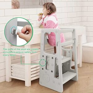 Nursery Kitchen Step Stool w/ 3 Adjustable Heights Toddler Standing Tower Kids Learning Stool w/Double Safety Rails & Non-Slip Foot Pads Cooking Stool Stand Helper Bathroom Counter Footstool (Grey)