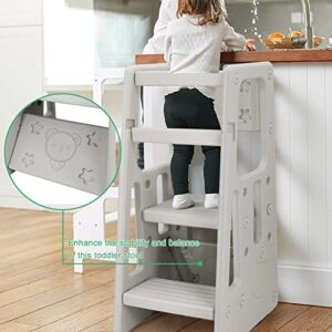 Nursery Kitchen Step Stool w/ 3 Adjustable Heights Toddler Standing Tower Kids Learning Stool w/Double Safety Rails & Non-Slip Foot Pads Cooking Stool Stand Helper Bathroom Counter Footstool (Grey)