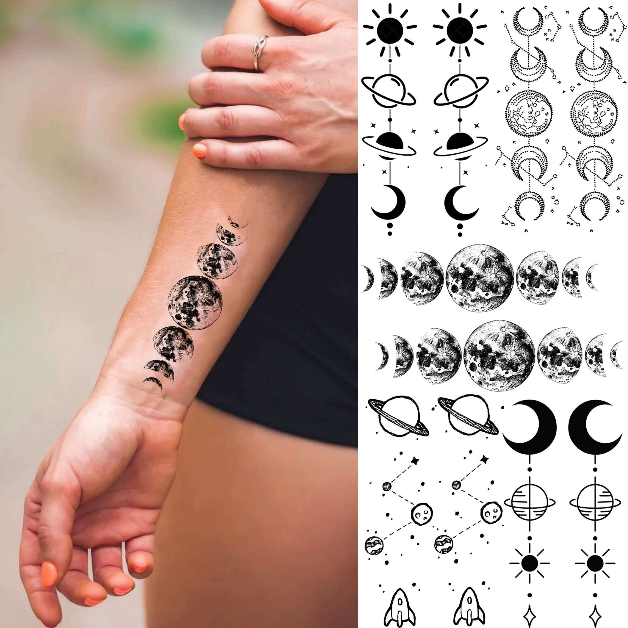 Shegazzi 15 Sheets Realistic Space Planets Chain Temporary Tattoos For Women Men Arm Neck, Butterfly Solar System Moon Sun Star Fake Tattoo Sticker, Small Universe Tatoos Kids Girls Boys Forearm Body