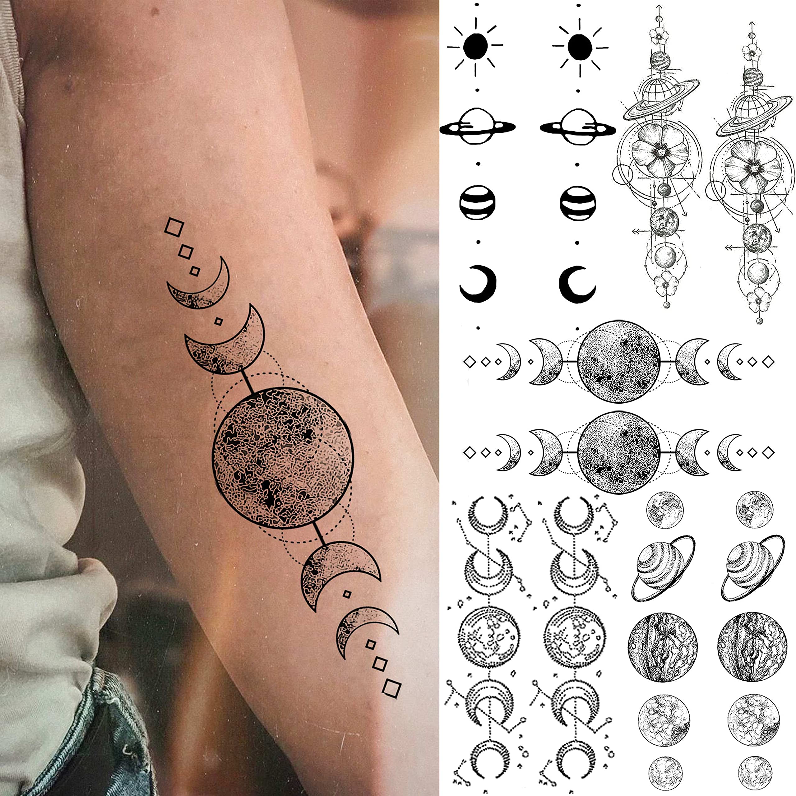 Shegazzi 15 Sheets Realistic Space Planets Chain Temporary Tattoos For Women Men Arm Neck, Butterfly Solar System Moon Sun Star Fake Tattoo Sticker, Small Universe Tatoos Kids Girls Boys Forearm Body