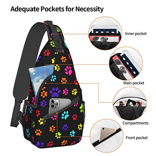 LAKUERVI Paws Chest Sling Bag Seamless Pattern With Colorful Dog Paws Crossbody Shoulder Backpack Adjustable Lightweight Animal Footprints Travel Hiking Casual Daypack for Men Women