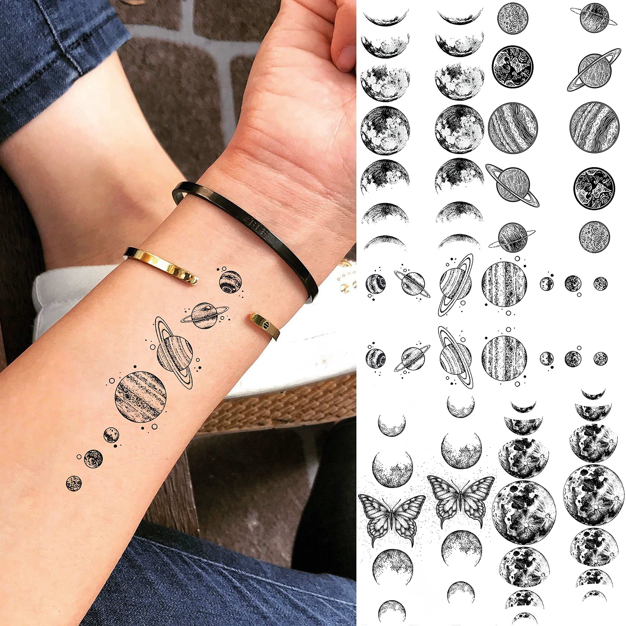 Shegazzi 15 Sheets Realistic Space Planets Chain Temporary Tattoos For Women Men Arm Neck, Butterfly Solar System Moon Sun Star Fake Tattoo Sticker, Small Universe Tatoos Kids Girls Boys Forearm Body