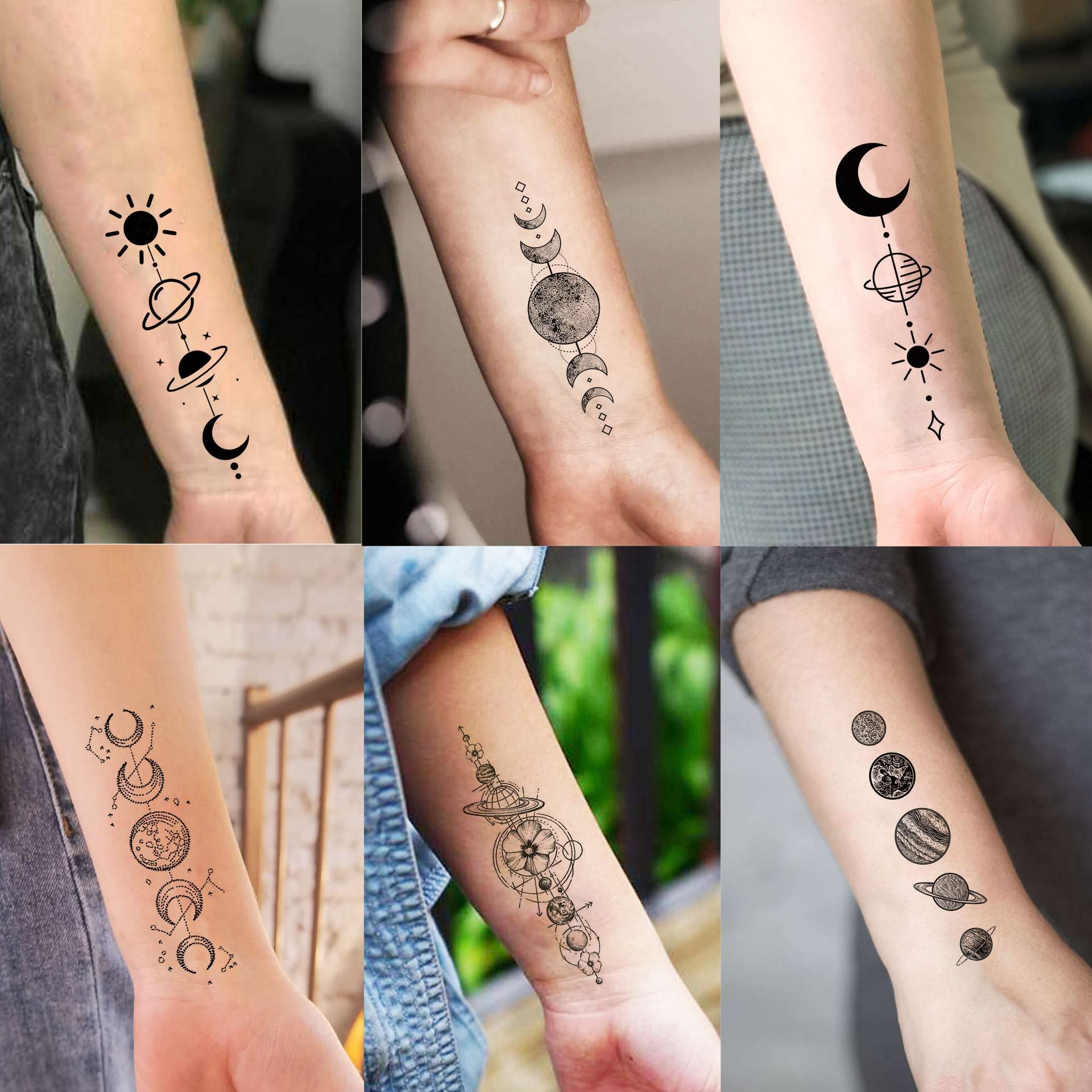 Shegazzi 15 Sheets Realistic Space Planets Chain Temporary Tattoos For Women Men Arm Neck, Butterfly Solar System Moon Sun Star Fake Tattoo Sticker, Small Universe Tatoos Kids Girls Boys Forearm Body