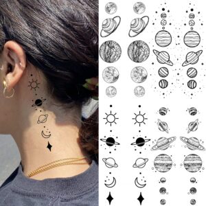 Shegazzi 15 Sheets Realistic Space Planets Chain Temporary Tattoos For Women Men Arm Neck, Butterfly Solar System Moon Sun Star Fake Tattoo Sticker, Small Universe Tatoos Kids Girls Boys Forearm Body