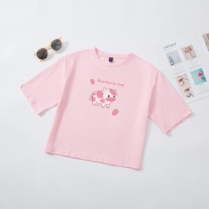 KEEVICI Womens Cute Strawberry Cow Short Sleeve Crop Tee and Shorts Pajamas Set Kawaii Print 2 Piece Sleepwear Cotton Pj Sets (Pink1,M)