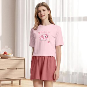 KEEVICI Womens Cute Strawberry Cow Short Sleeve Crop Tee and Shorts Pajamas Set Kawaii Print 2 Piece Sleepwear Cotton Pj Sets (Pink1,M)