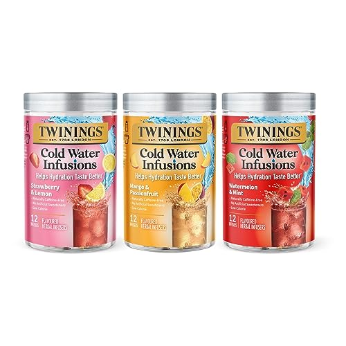 Twinings Cold Infuse Water Enhancer Tea Sampler, Strawberry-Lemon, Mango-Passionfruit, Watermelon-Mint, 12 Count (Pack of 3)