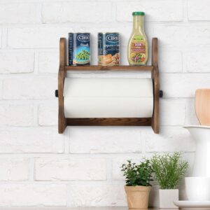 MyGift Wall Mounted Solid Burnt Wood Paper Towel Holder and Spice Rack Storage Shelf with Industrial Black Metal Bar for Easy Refill, Countertop Standard Roll Paper Towel Dispenser and Display Shelf