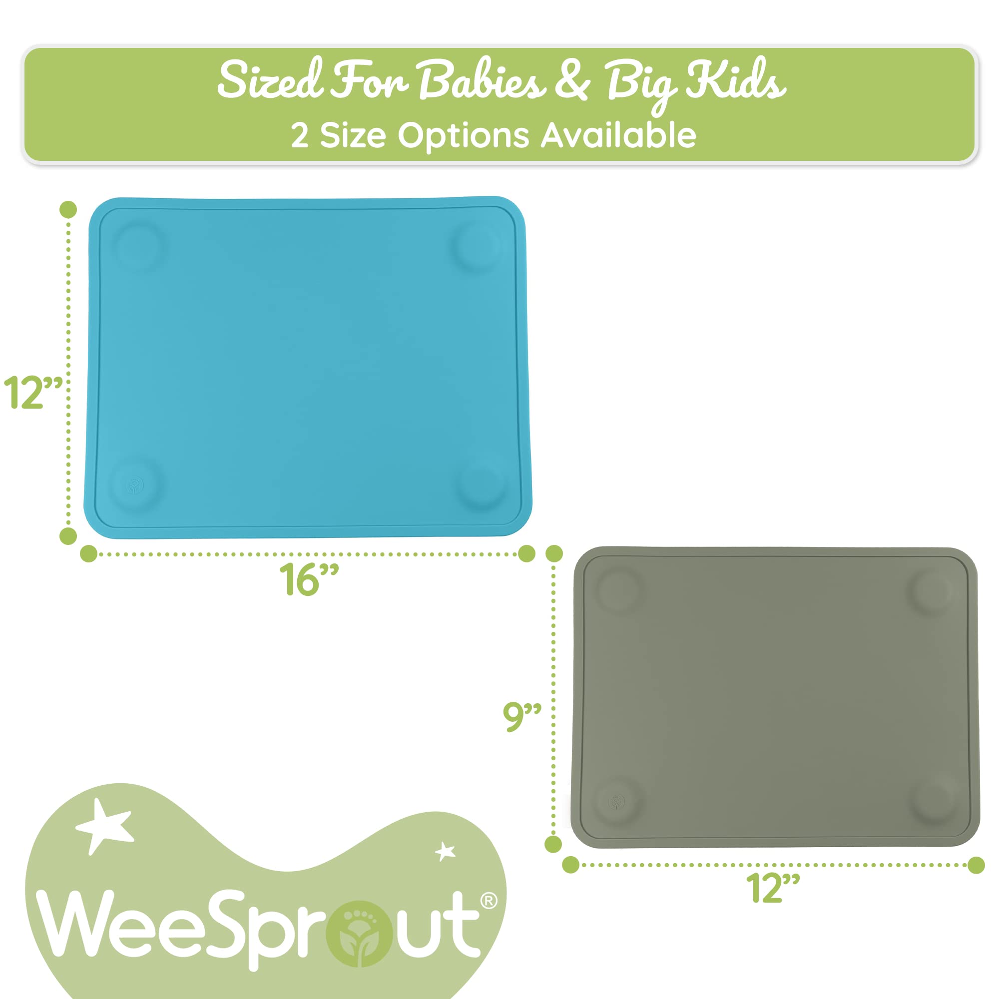 WeeSprout Silicone Suction Placemats for Babies, Toddlers & Kids, Durable Food Grade Silicone with Non-Slip Suction, Dishwasher Safe, for Dining Table & Restaurants + Travel Case, 2 Pack