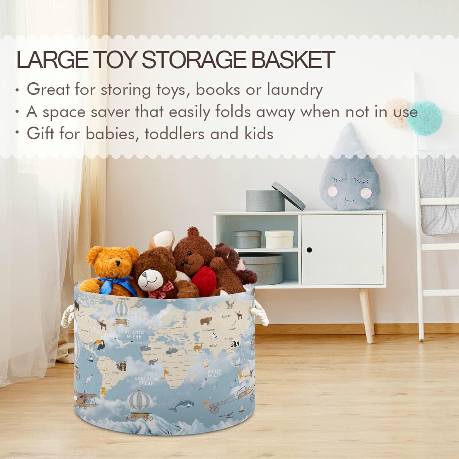 Extra Large Round Basket with Thick Thread Cotton Rope Handle - Animals Travel World Map Decor,Waterproof Canvas Blanket Clothes Laundry Basket Hamper,Nursery Kids Baby Toy Basket Home Organizing Stor