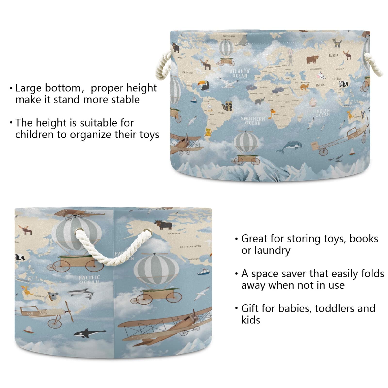 Extra Large Round Basket with Thick Thread Cotton Rope Handle - Animals Travel World Map Decor,Waterproof Canvas Blanket Clothes Laundry Basket Hamper,Nursery Kids Baby Toy Basket Home Organizing Stor