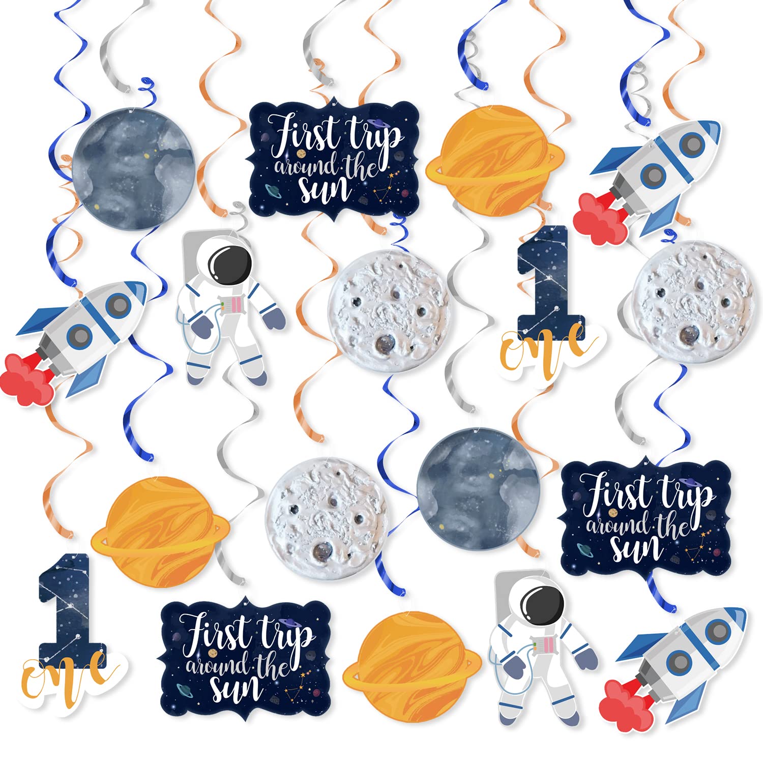 20Pcs Space First Birthday Hanging Swirls Decorations, First Trip Outer Space Around The Sun 1st Birthday Party Ceiling Hanging Streamers for Solar System Astronaut Kids 1st Bday Photo Booth Props