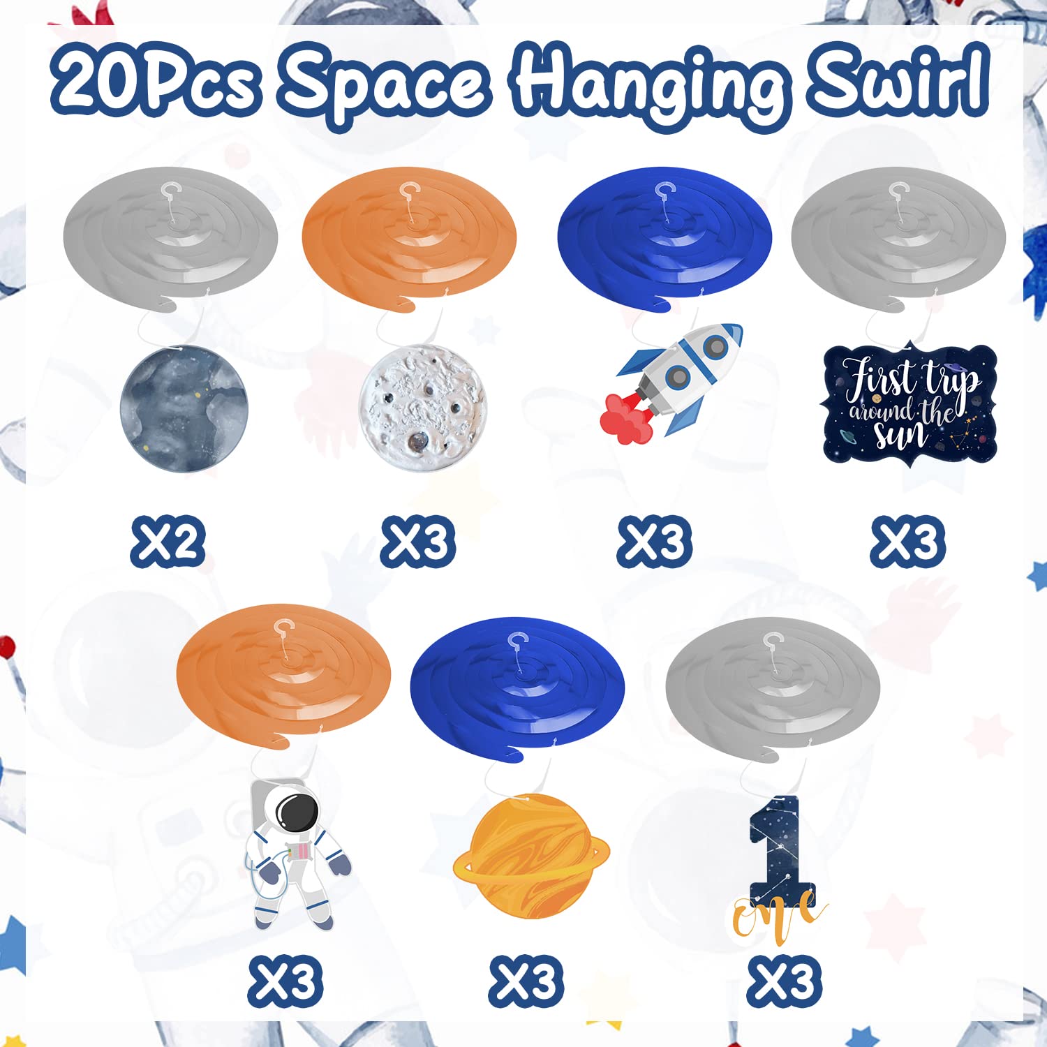 20Pcs Space First Birthday Hanging Swirls Decorations, First Trip Outer Space Around The Sun 1st Birthday Party Ceiling Hanging Streamers for Solar System Astronaut Kids 1st Bday Photo Booth Props