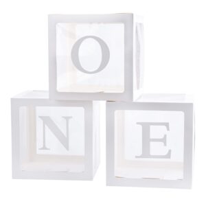 tecked first birthday decorations for boy or girl, 3 pcs one balloon boxes for 1st birthday, baby clear blocks party decor with one letters for photoshoot props, cake smash backdrop