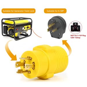 HDWS NEMA L14-30P to 6-50R 240V Compact Generator Adapter Connector, 30Amp Twist Lock 4 Prong Male Plug to 3 Prong Female Receptacle Adapter for Welder Generator Dryer EV Charger, Yellow