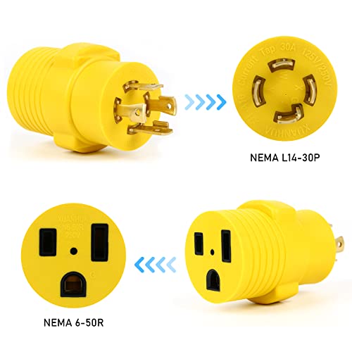 HDWS NEMA L14-30P to 6-50R 240V Compact Generator Adapter Connector, 30Amp Twist Lock 4 Prong Male Plug to 3 Prong Female Receptacle Adapter for Welder Generator Dryer EV Charger, Yellow