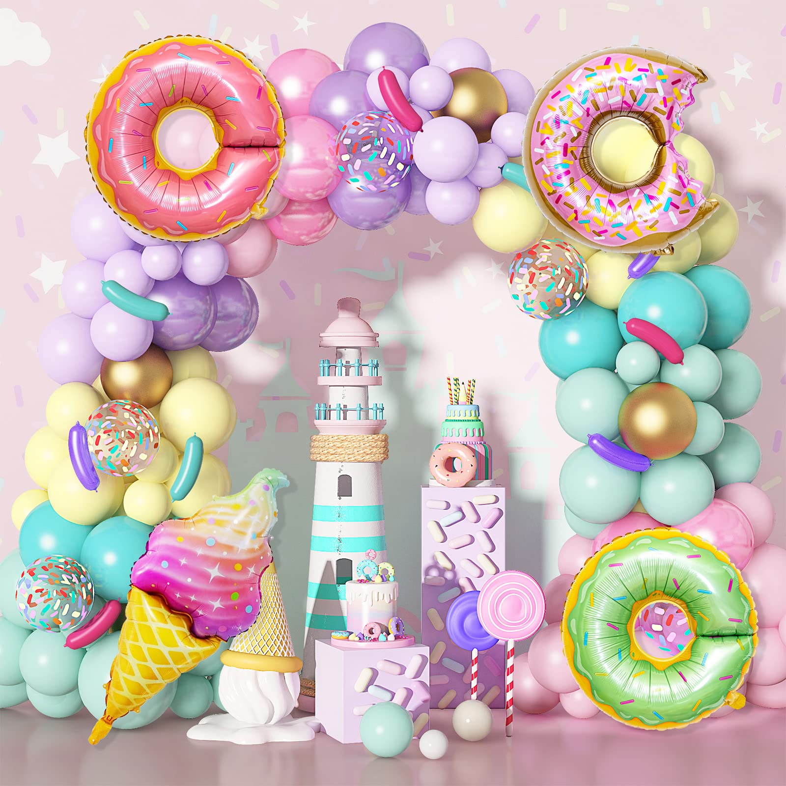 Amandir 139pcs Pastel Donut Balloon Garland Arch Kit, Donut Sweet One Birthday Party Decorations Pink Sprinkles Confetti Ice Cream Foil Balloons for Donut Grow Up Baby Shower Two Sweet Party Supplies