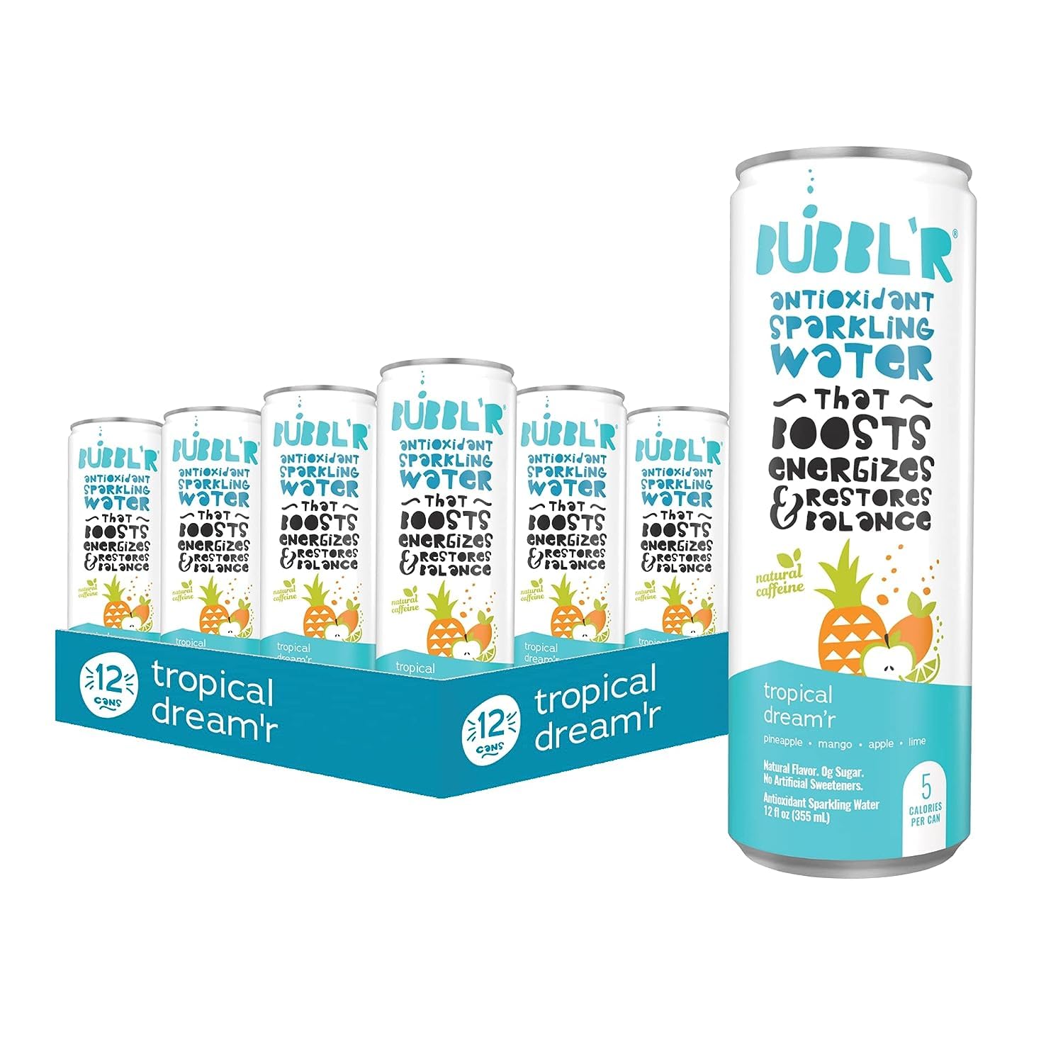 BUBBL'R tropical dream'r, Antioxidant Sparkling Water with Natural Caffeine, 0g Sugar, Gluten Free, All Natural Flavors, 12 Fl Oz Cans, 12 Count