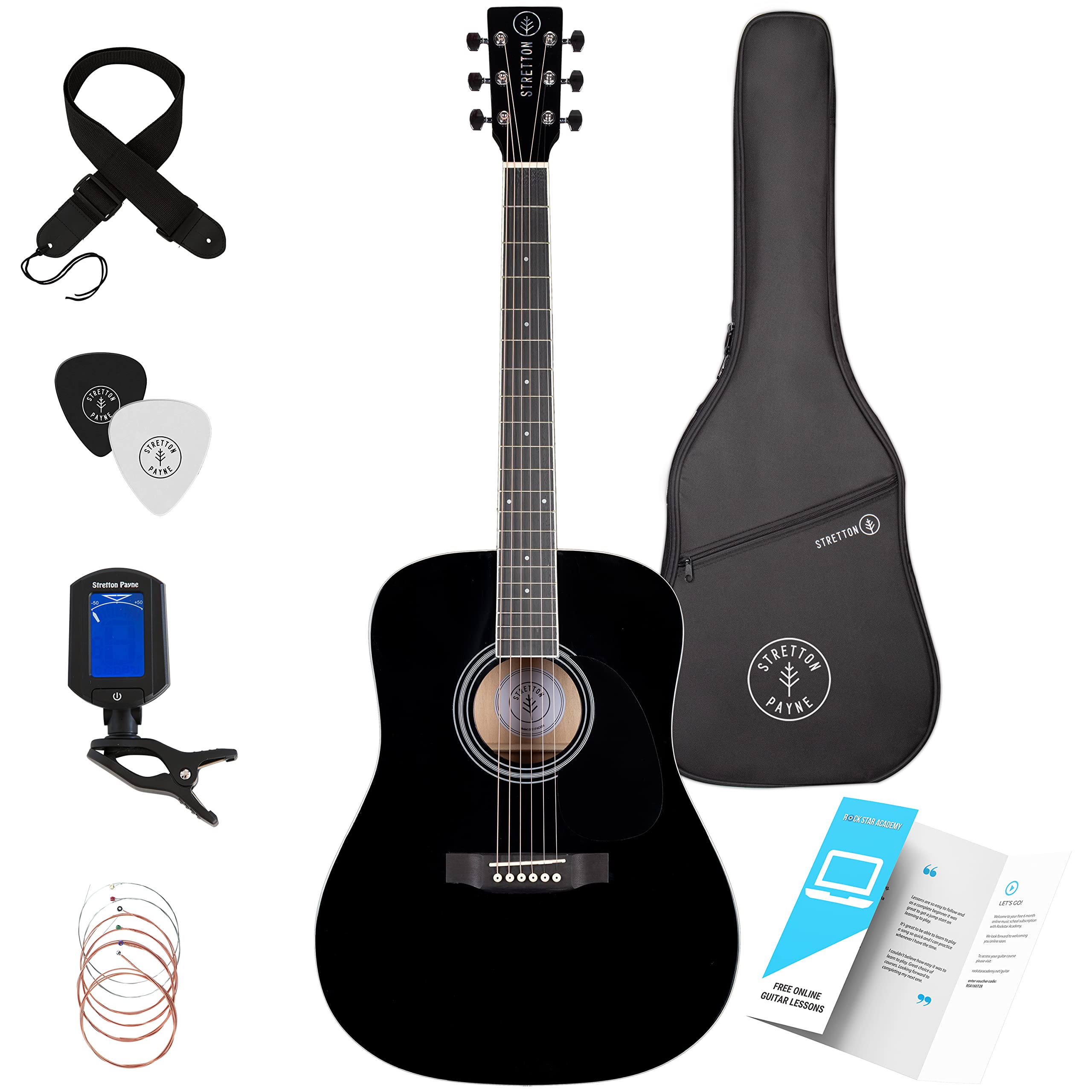 Stretton Acoustic Guitar Full Size Dreadnought 41 Inch Steel String Package D1 - Includes Everything a Beginner Needs To Get Started Playing Guitar - Black