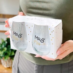 kate aspen mr & mrs 15 oz. stemless wine glass - heart (set of 2) wedding gift (30023na-mmh)