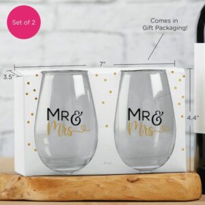 Kate Aspen Mr & Mrs 15 oz. Stemless Wine Glass - Heart (Set of 2) Wedding Gift (30023NA-MMH)