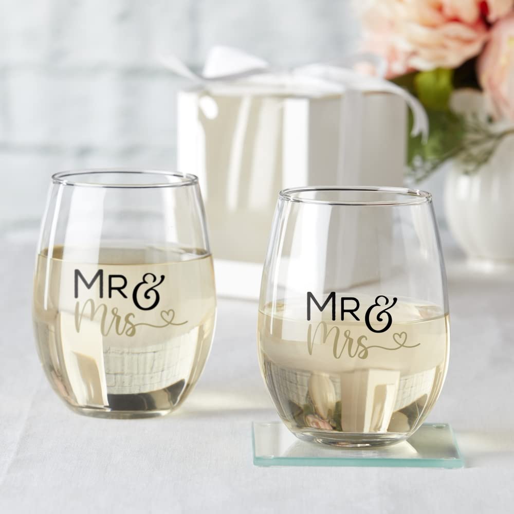 Kate Aspen Mr & Mrs 15 oz. Stemless Wine Glass - Heart (Set of 2) Wedding Gift (30023NA-MMH)