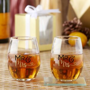 Kate Aspen Mr & Mrs 15 oz. Stemless Wine Glass - Heart (Set of 2) Wedding Gift (30023NA-MMH)