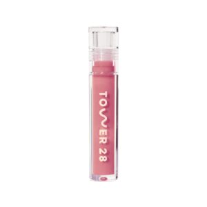 tower 28 shineon milkylip jelly, pistachio, non-sticky lip gloss, milky nude pink vegan lip gloss, moisturizing apricot and raspberry seed oil, cruelty free